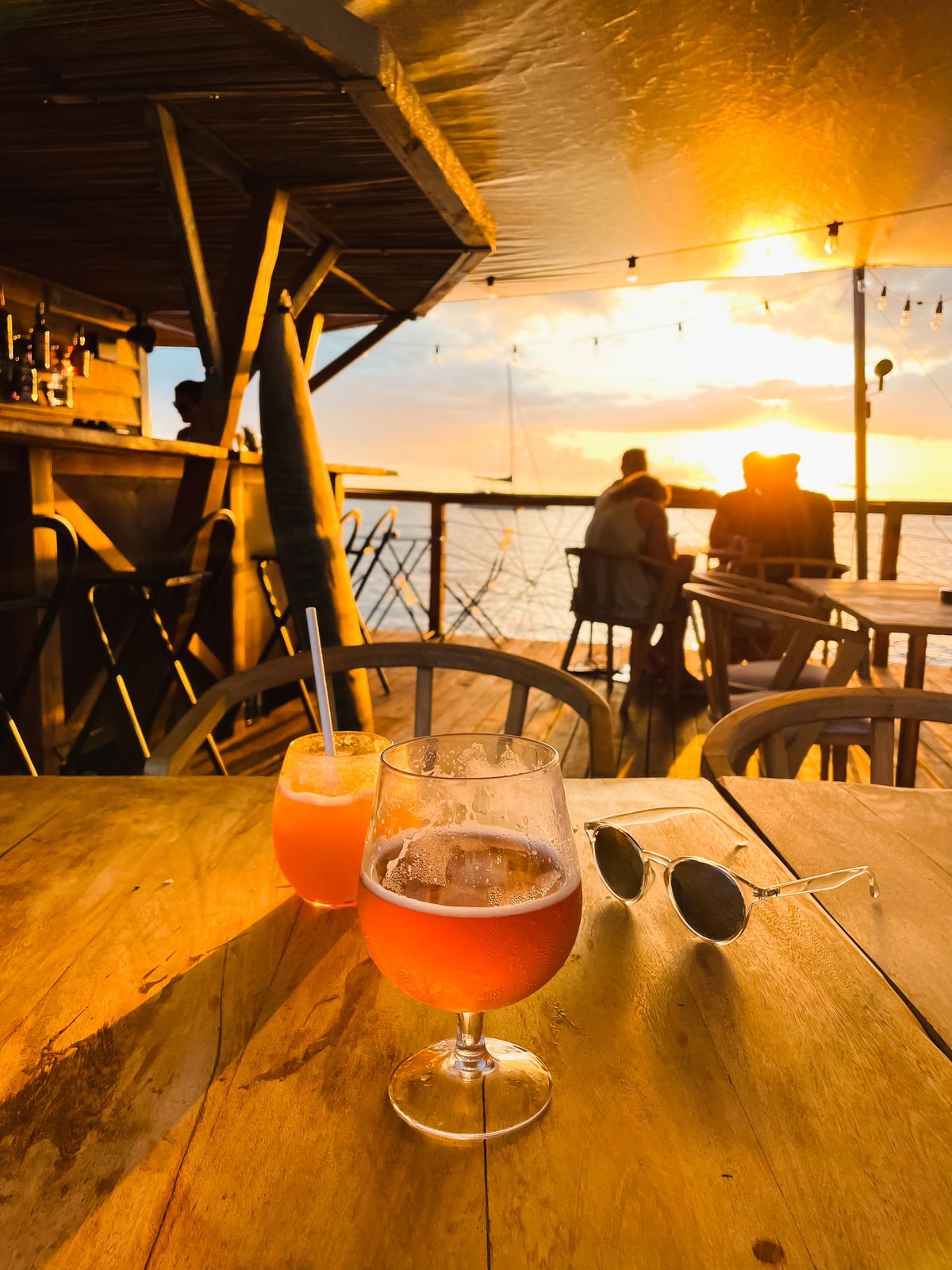 Sunset on a floating bar lounge restaurant in Tamarin, Mauritius